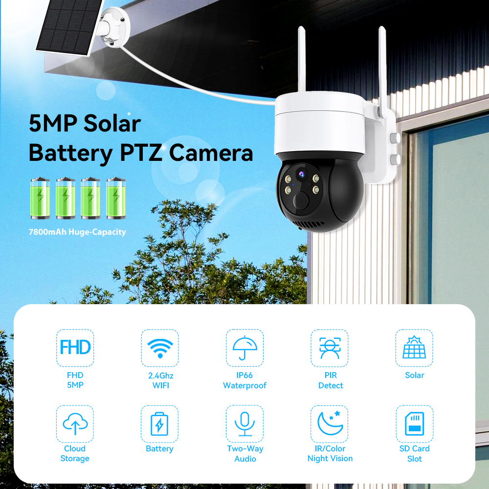 Hamrol 5MP Solar PTZ Wifi Camera Outdoor PIR Human Detection Wireless ...