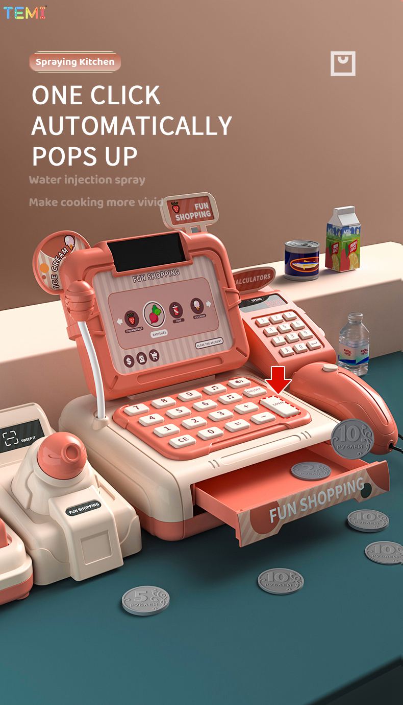 TEMI Cashier Machine Toys Pretend Play Set Supermarket Cash Register ...