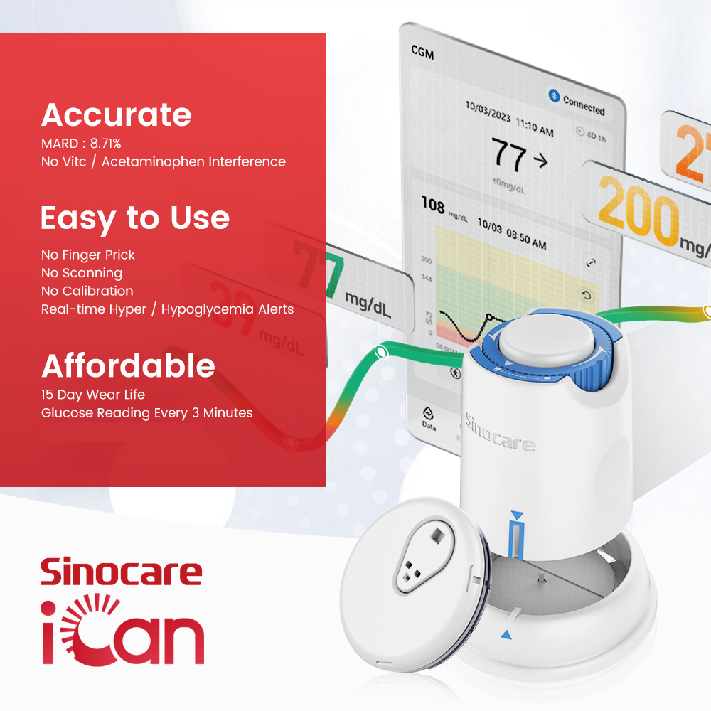 Sinocare iCan Continuous Glucose Monitoring (CGM) System Glucometer 24h ...