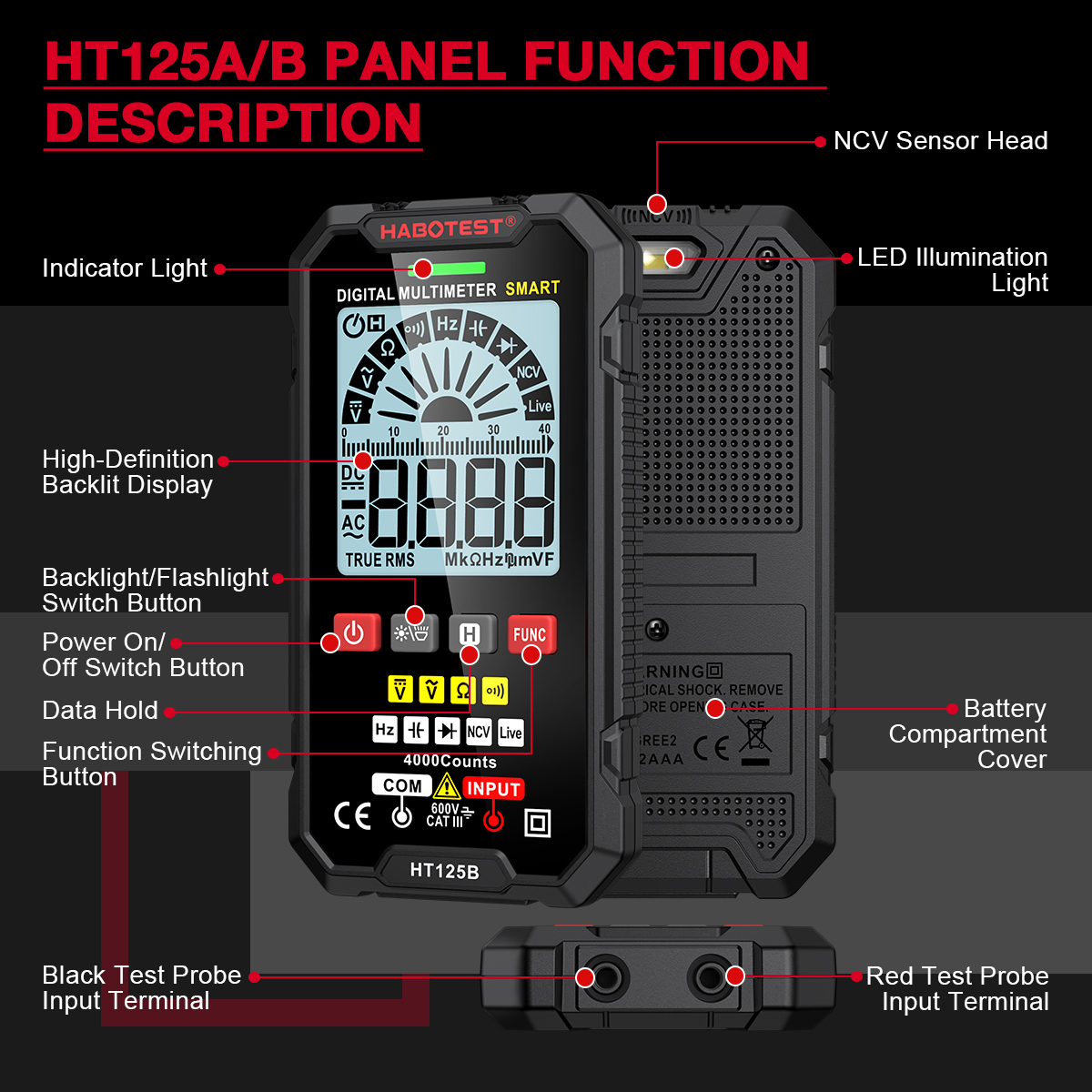 HABOTEST HT125 Smart Multimeter 600V AC/DC Voltage Voltmeter 4000 ...