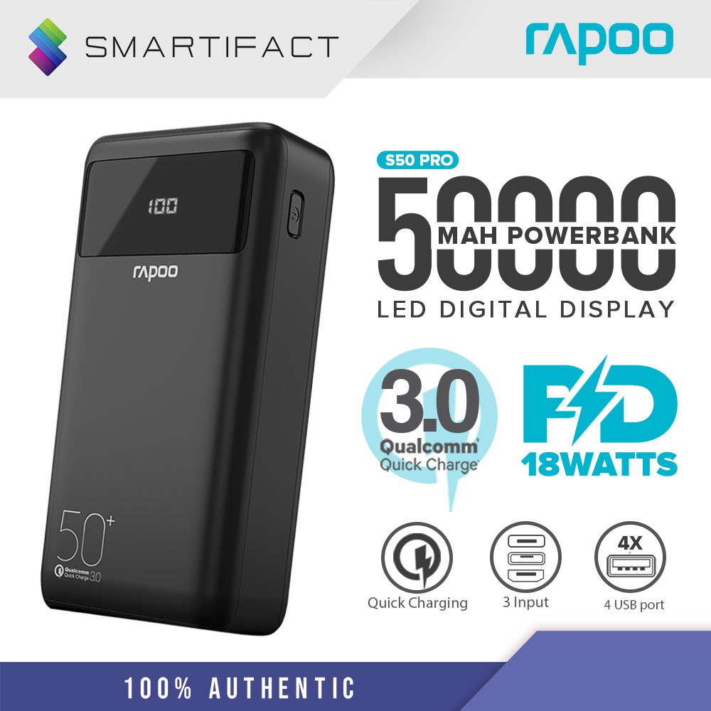 Rapoo S50 Pro 50000mah 18W Powerbank Fast Charging Digital Display LED ...