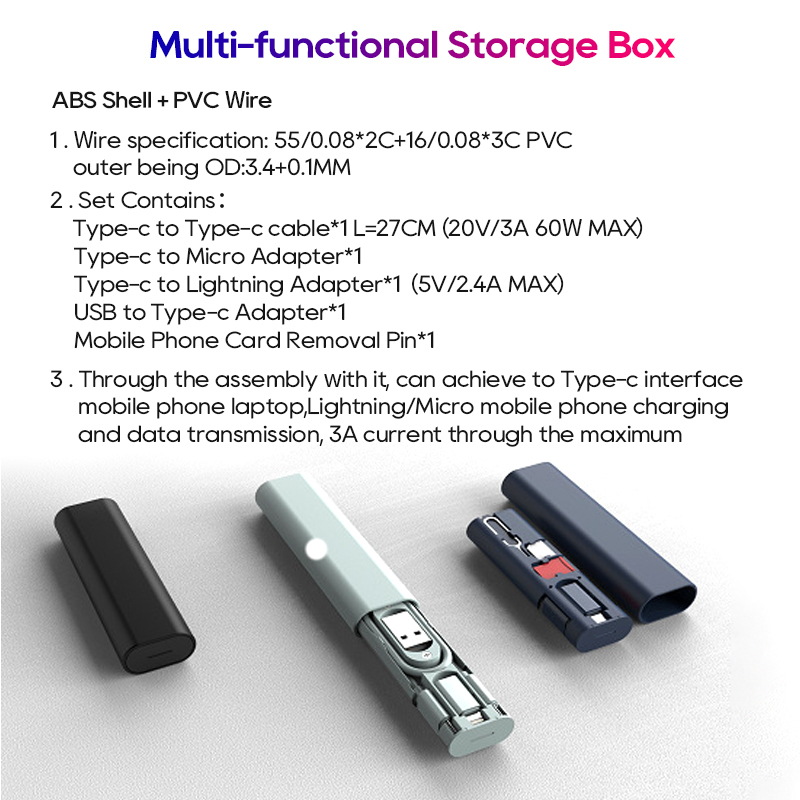 5 In 1 Fast Charging Cable Adapter 60W Fast Charger Cord Storage Box ...