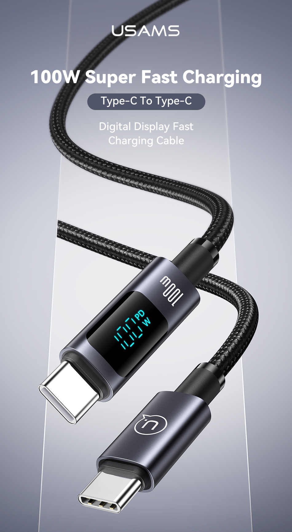 USAMS USB C Cable Fast Charging Cable USB IP Type C PD100W LED Digital ...