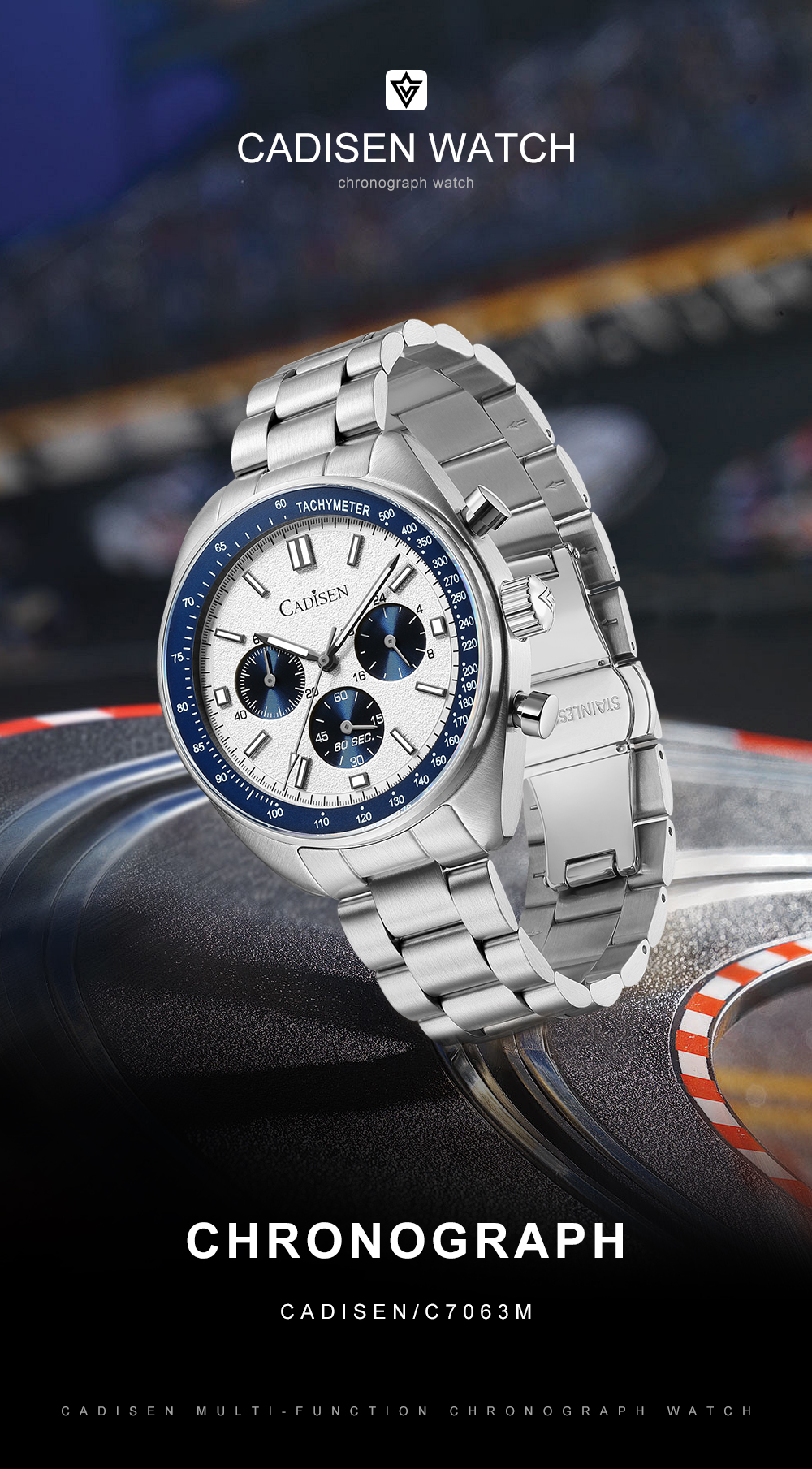 CADISEN 42MM Japan VD53 Chronograph Men Watch Stainless Steel Luminous ...