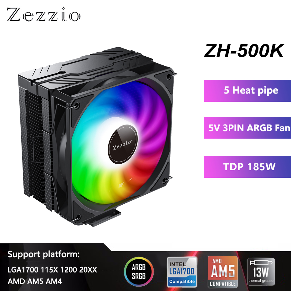 Zezzio ZH-500K 5 Heat pipe CPU Cooler 5V/3PIN ARGB Quiet Fan Air-Cooled ...