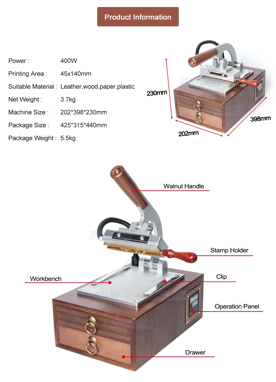 ZONESUN ZS110C Heat Press Machine Bag Logo stamp eather Plastic Wood ...