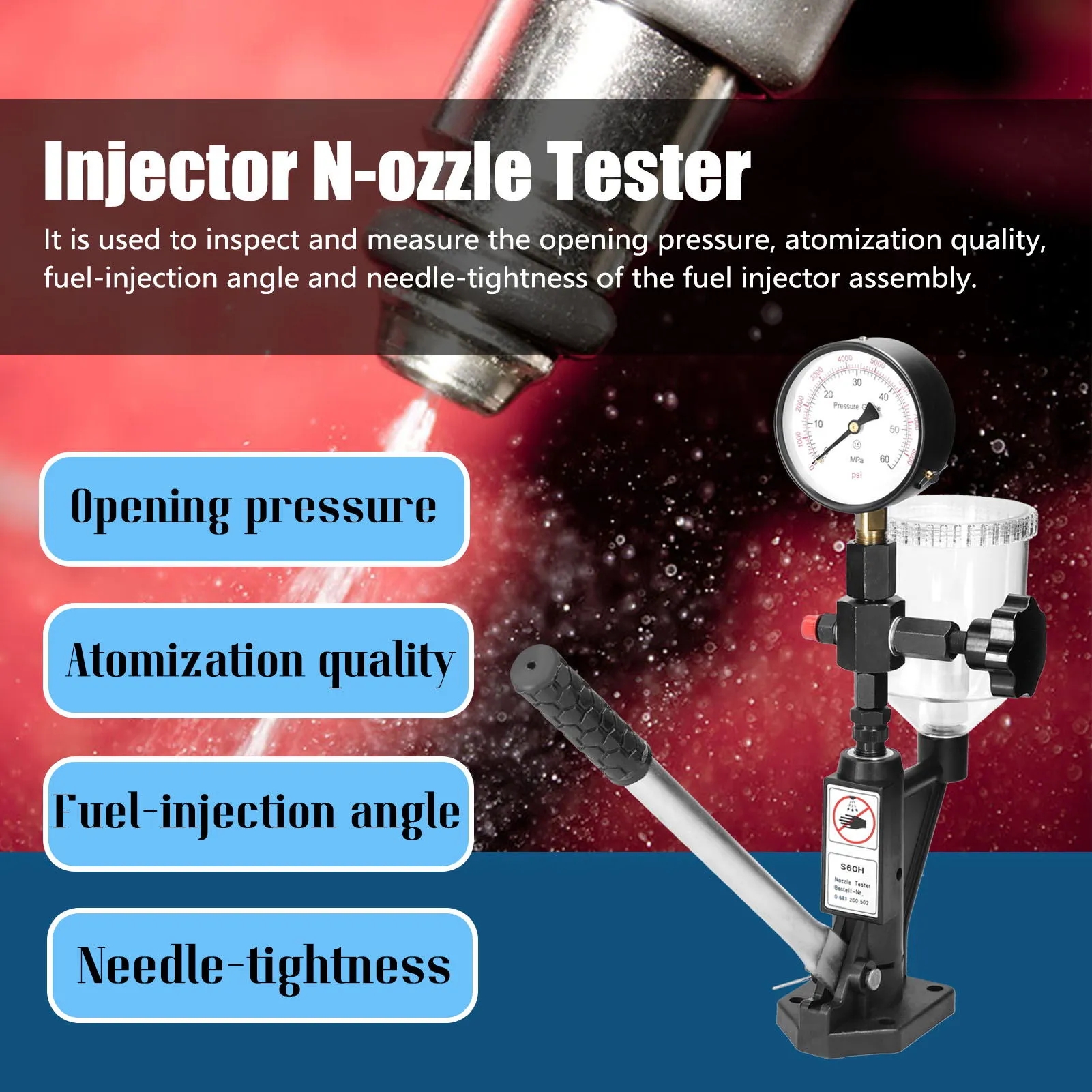 60Mpa Nozzle Pop-Pressure Fuel Injector Calibrator Dual Scale Gauge ...