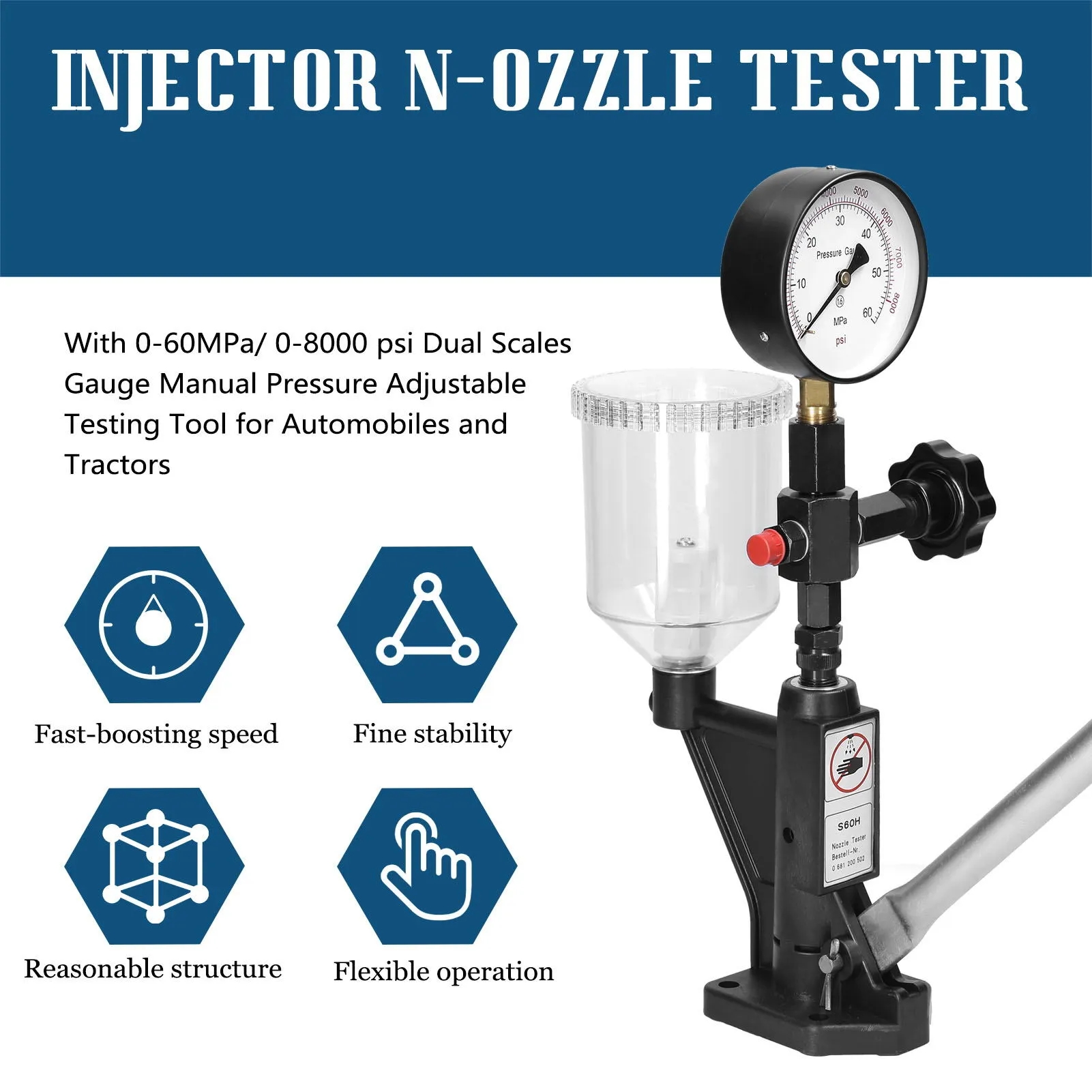 60Mpa Nozzle Pop-Pressure Fuel Injector Calibrator Dual Scale Gauge ...
