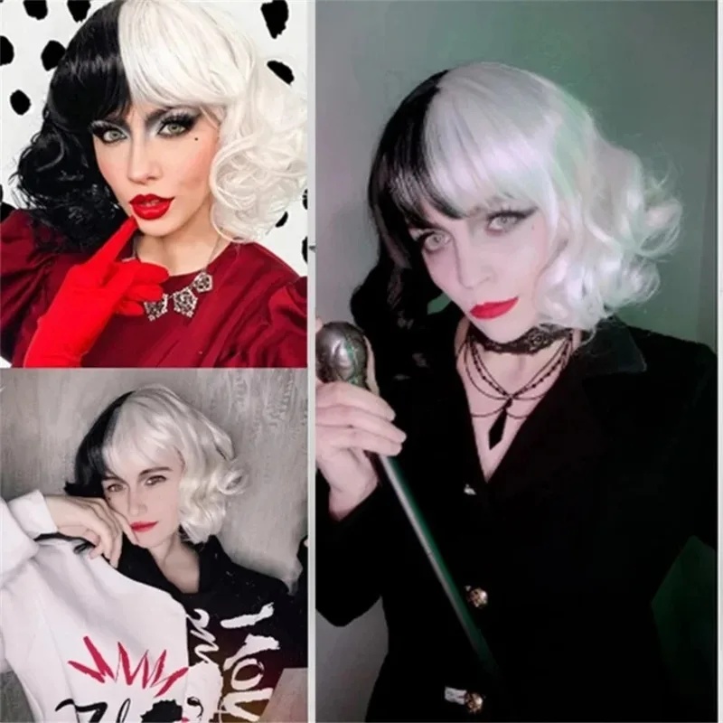 Anime Cruella De Vil Wig Curly Half Black Half White Wigs Cosplay Women ...