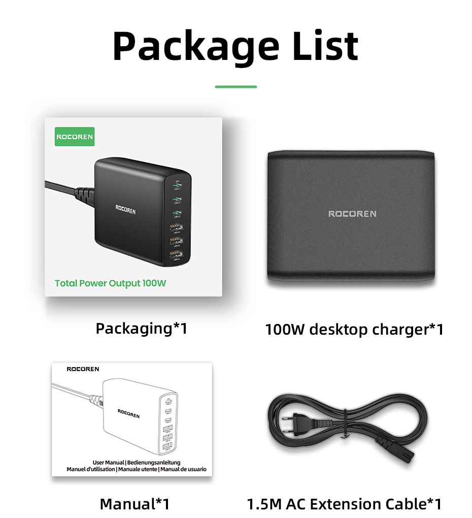 Rocoren 100W GaN 6 Port USB C PD Fast Charger QC4.0 Type C Fast USB Charger For Huawei ...