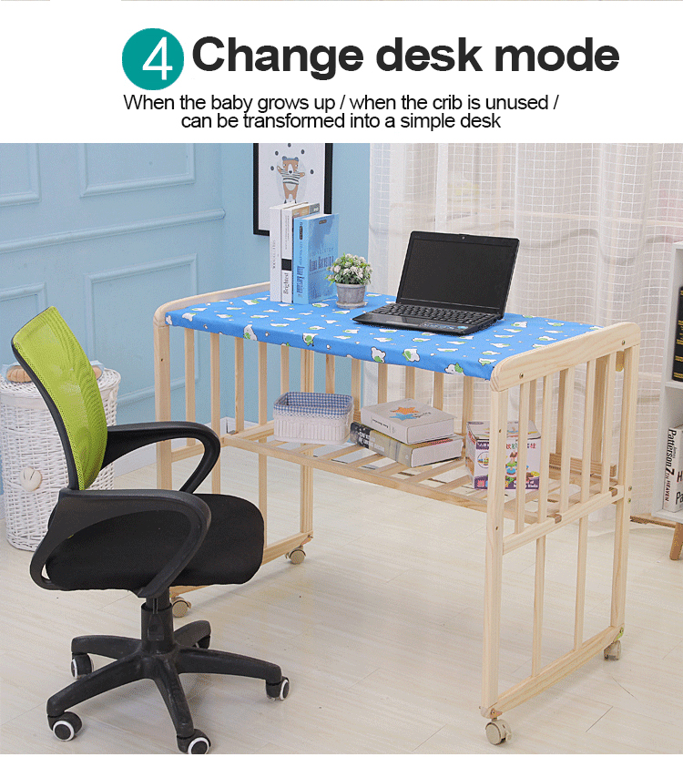 Solid wood crib Solid wood multifunctional cradle bed Variable desk ...