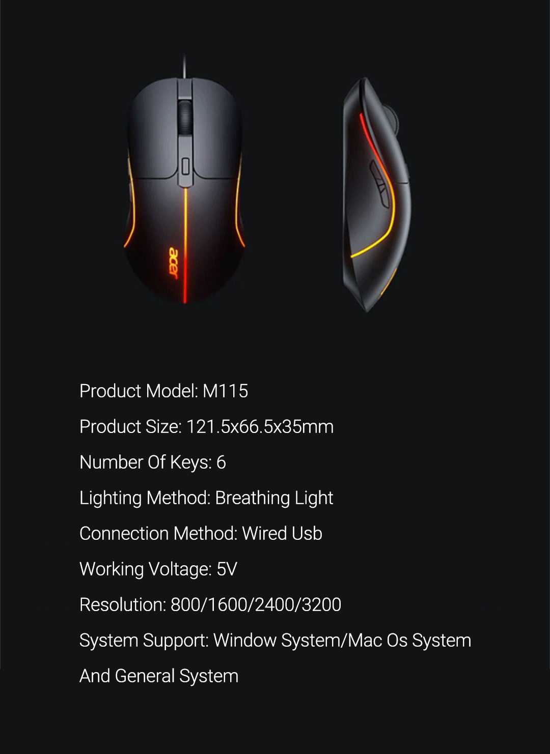 Youpin Acer USB Wired Mouse M115 Colorful Light Effect 800/1600/2400 ...
