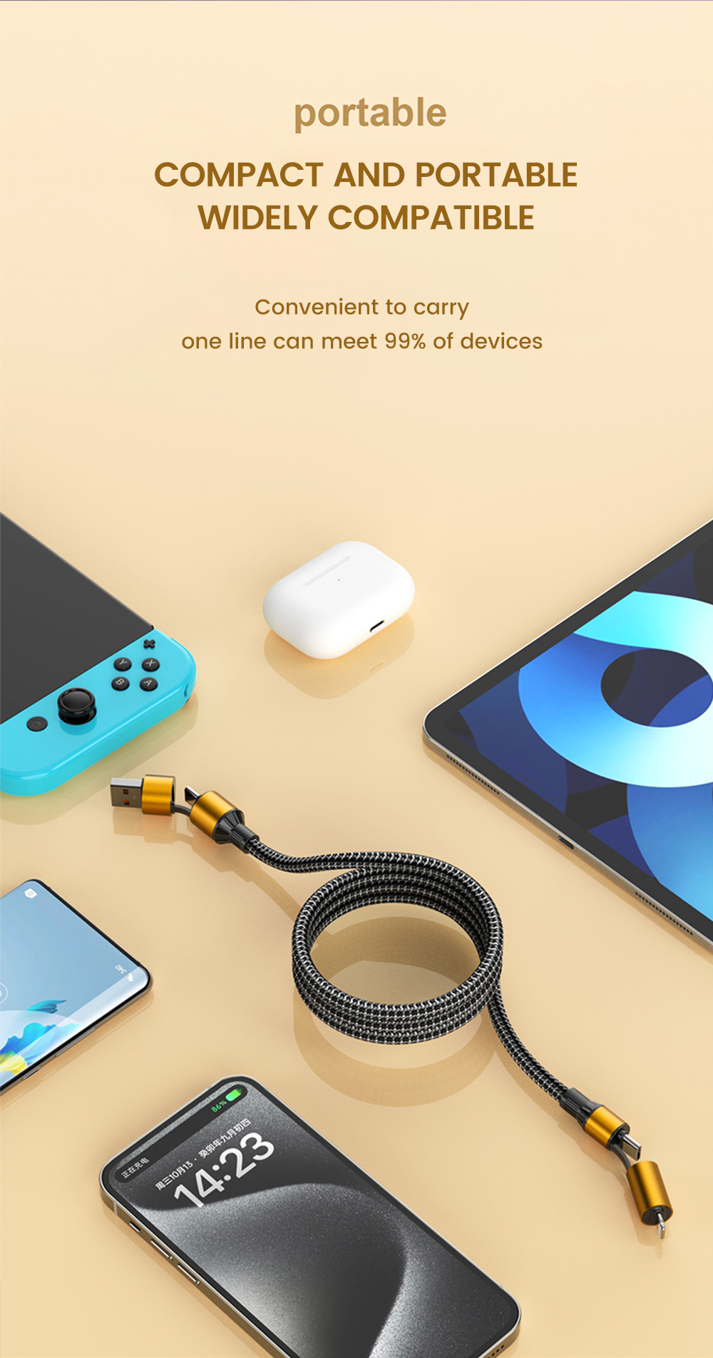 100W 2 in 2 PD Fast USB Cable for Huawei Honor Retractable Portable 4 ...