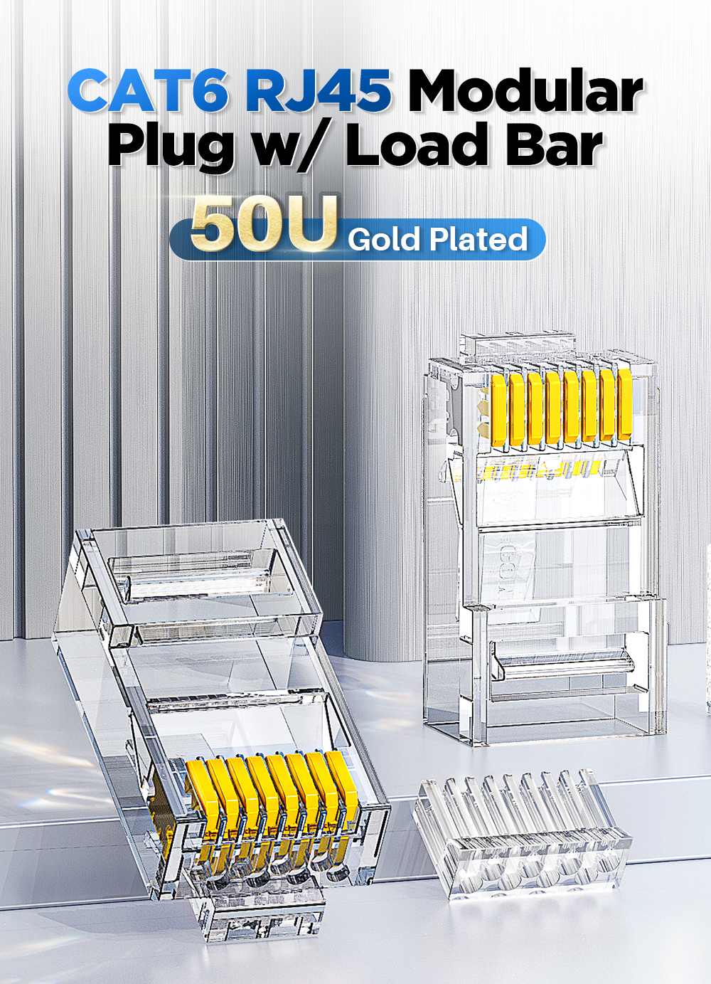 AMPCOM CAT6 RJ45 Modular Plug Connector: UTP 50μ Gold-Plated Split-Type ...