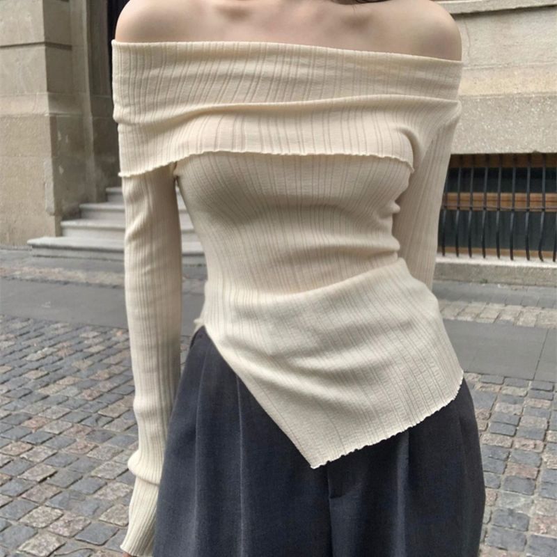 Ecokauer Off Shoulder With Slit Long Sleeve Knitted Undercoat Women's Black Sexy sexy knitted ...