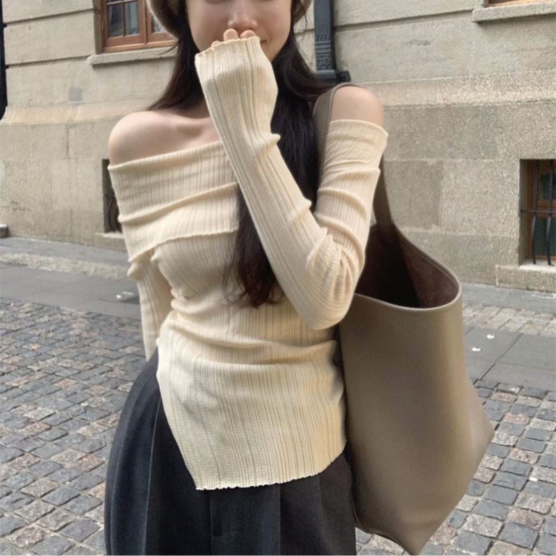 Ecokauer Off Shoulder With Slit Long Sleeve Knitted Undercoat Women's Black Sexy sexy knitted ...