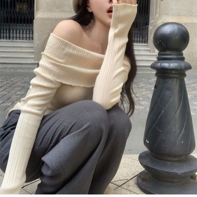 Ecokauer Off Shoulder With Slit Long Sleeve Knitted Undercoat Women's Black Sexy sexy knitted ...