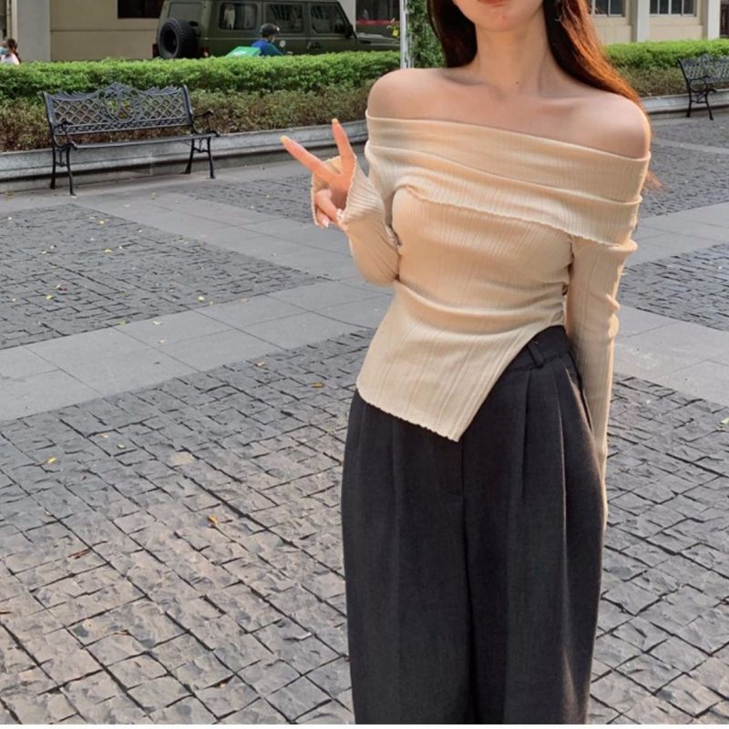 Ecokauer Off Shoulder With Slit Long Sleeve Knitted Undercoat Women's Black Sexy sexy knitted ...