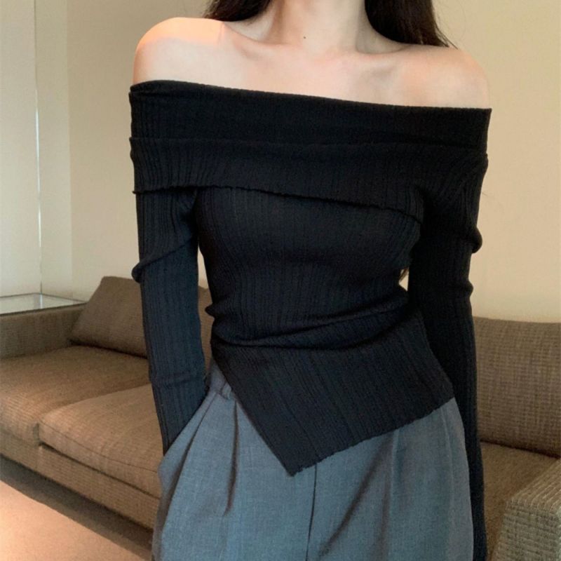 Ecokauer Off Shoulder With Slit Long Sleeve Knitted Undercoat Women's Black Sexy sexy knitted ...