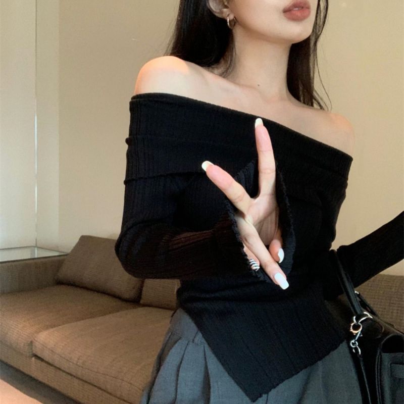 Ecokauer Off Shoulder With Slit Long Sleeve Knitted Undercoat Women's Black Sexy sexy knitted ...
