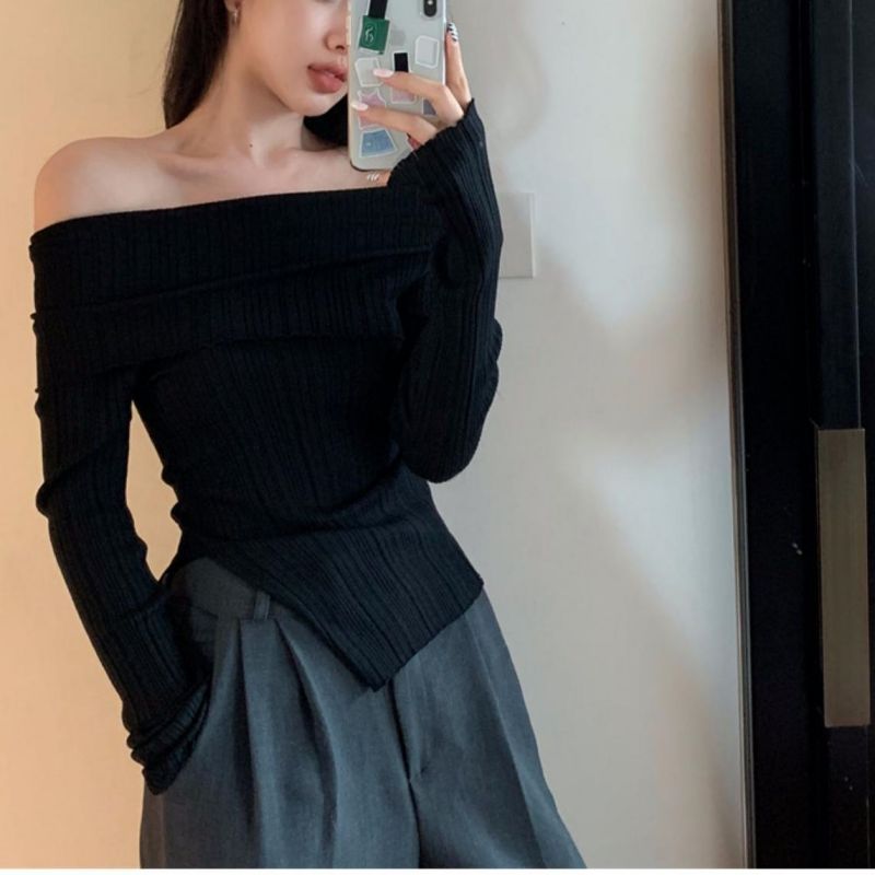 Ecokauer Off Shoulder With Slit Long Sleeve Knitted Undercoat Women's Black Sexy sexy knitted ...
