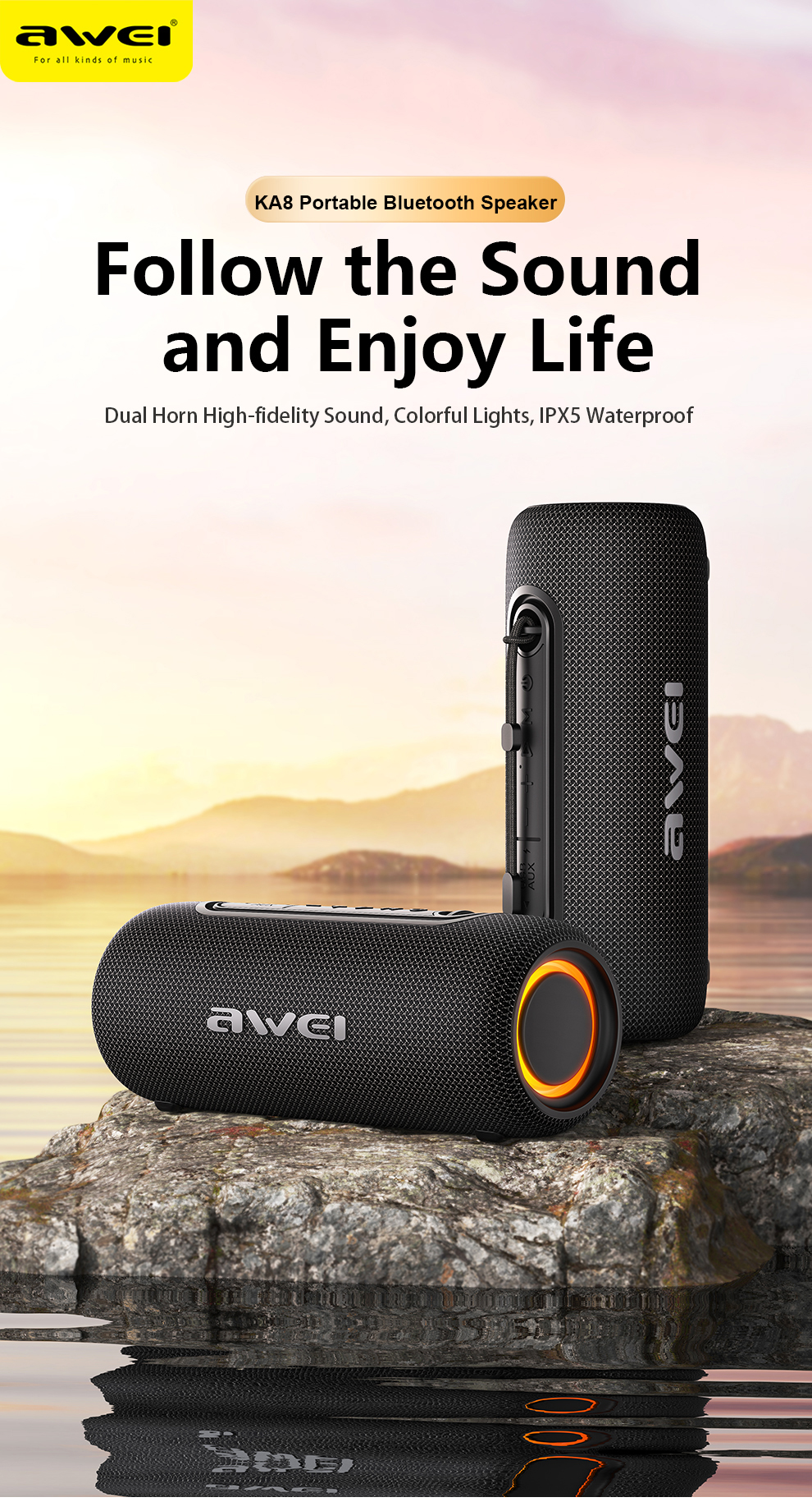 Awei KA8 14W Portable Bluetooth Speaker 5.3 Bass Subwoofer Dual Speakers High-fidelity Sound ...