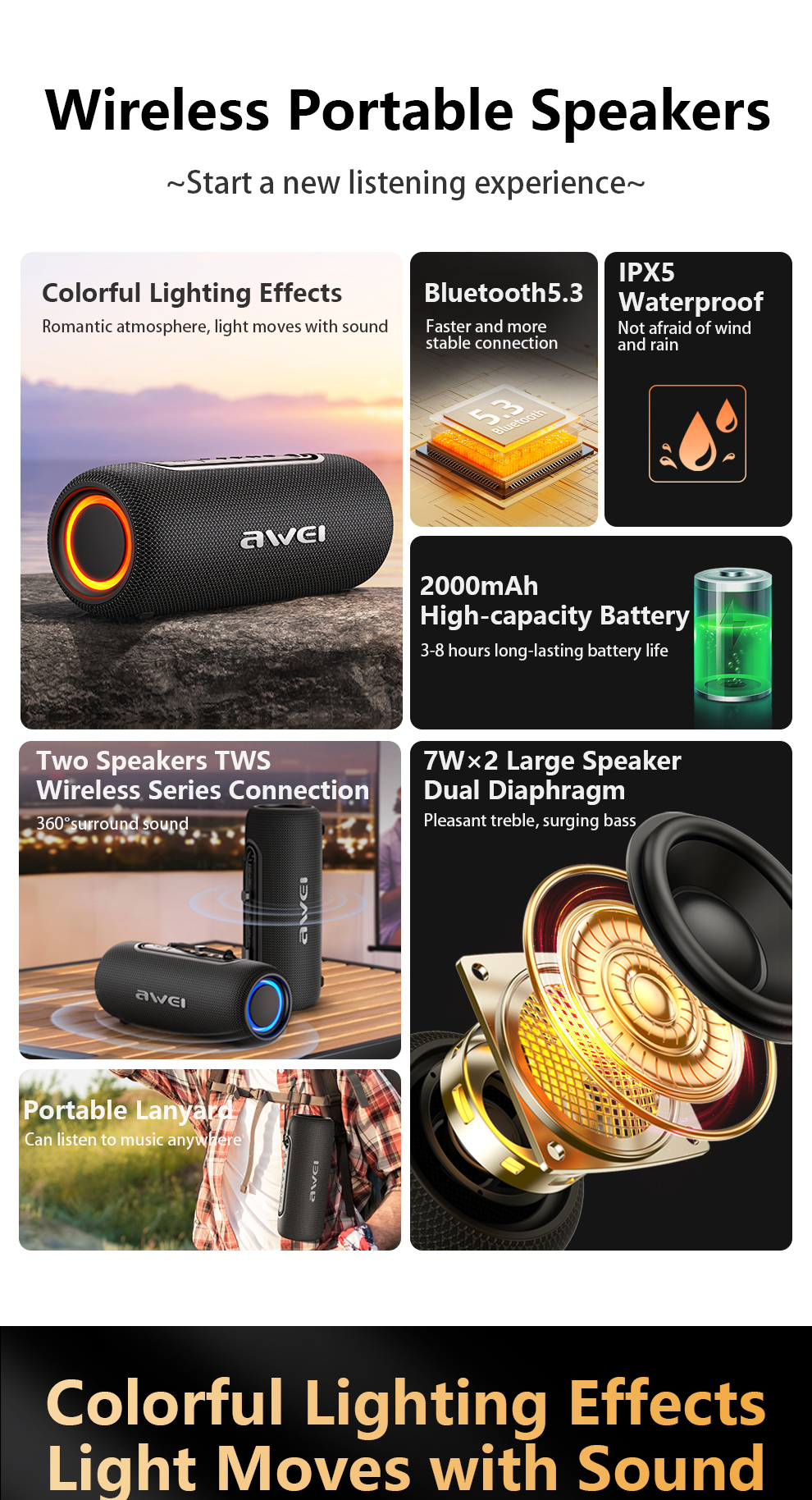 Awei KA8 14W Portable Bluetooth Speaker 5.3 Bass Subwoofer Dual ...