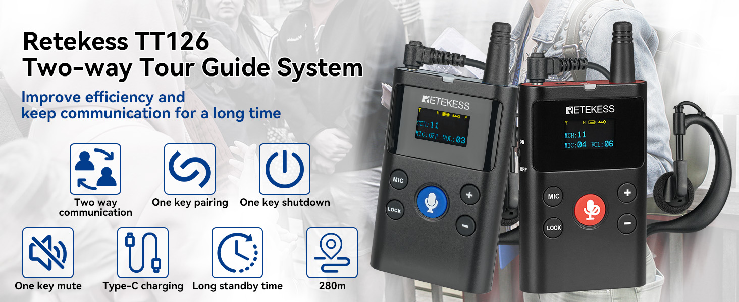 Retekess TT126 TT126R Professional Wireless Microphone System Two Way Transmitters Tour Guide ...