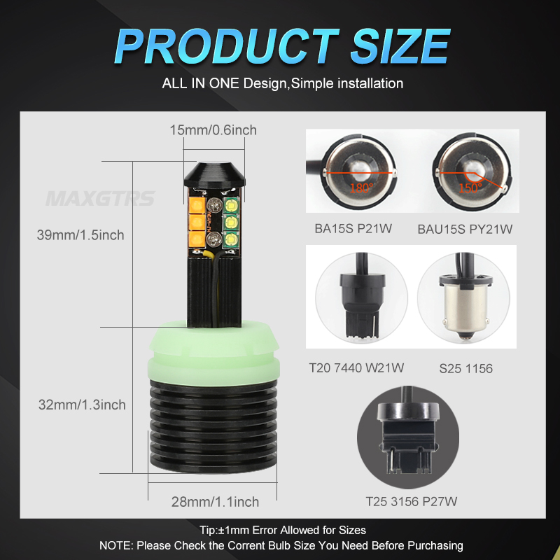 Maxgtrs 2x BA15S S25 1156 7440 3156 3157 P21W W21W PY21W BAU15S P27W P27/7W Dual Color 12SMD LED ...