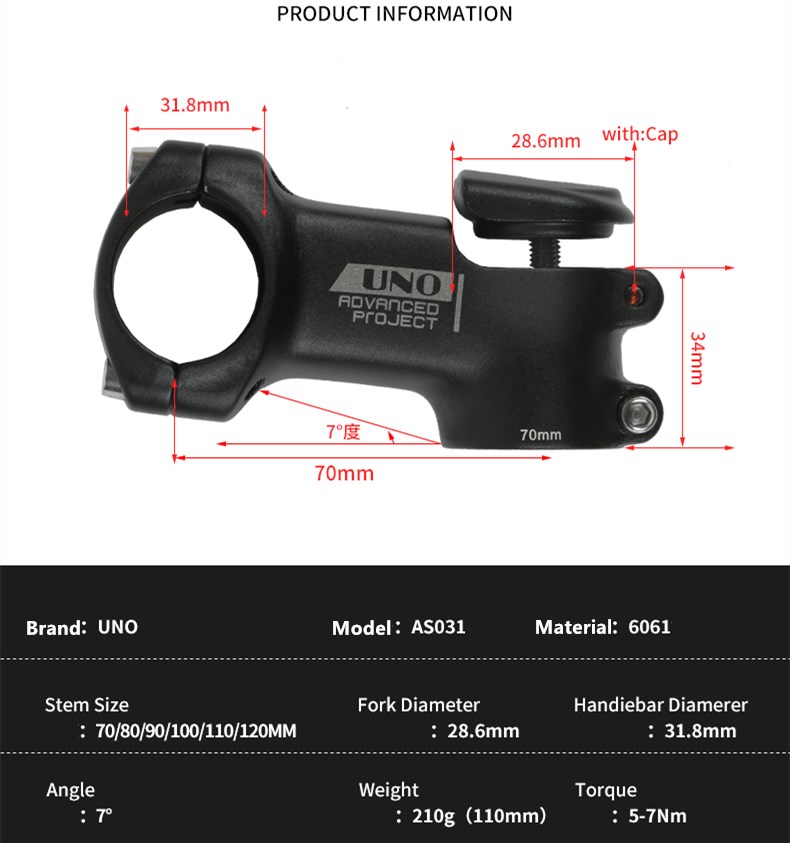 UNO Bike Stem 7 Degree 31.8*70/80/90/100/110/120mm Bike Handlebar Stem ...