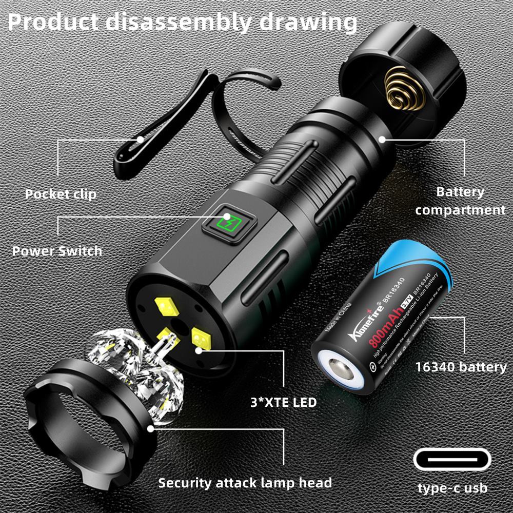 AloneFire X63 Super Bright 3x LED Mini Flashlight Type-c USB ...