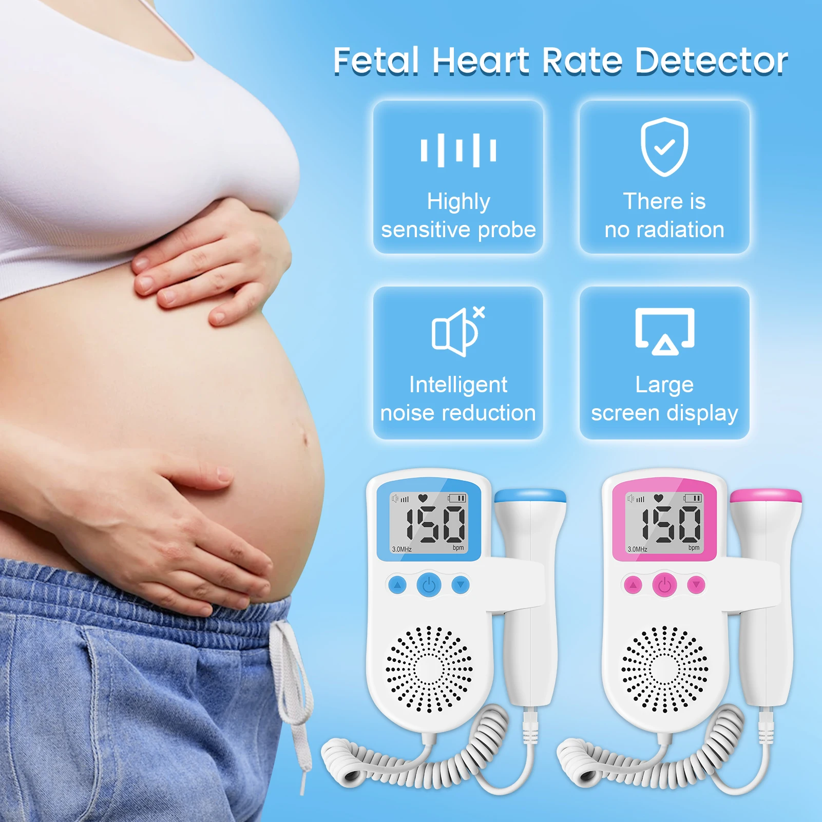 Fetal Doppler Heart Rate Monitor Household Portable Pregnancy Baby ...