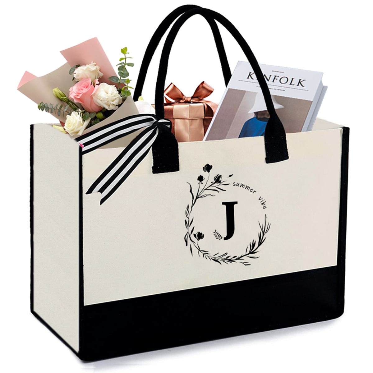 Initial Canvas Tote Bag with Zipper Pocket Monogrammed Personalized ...