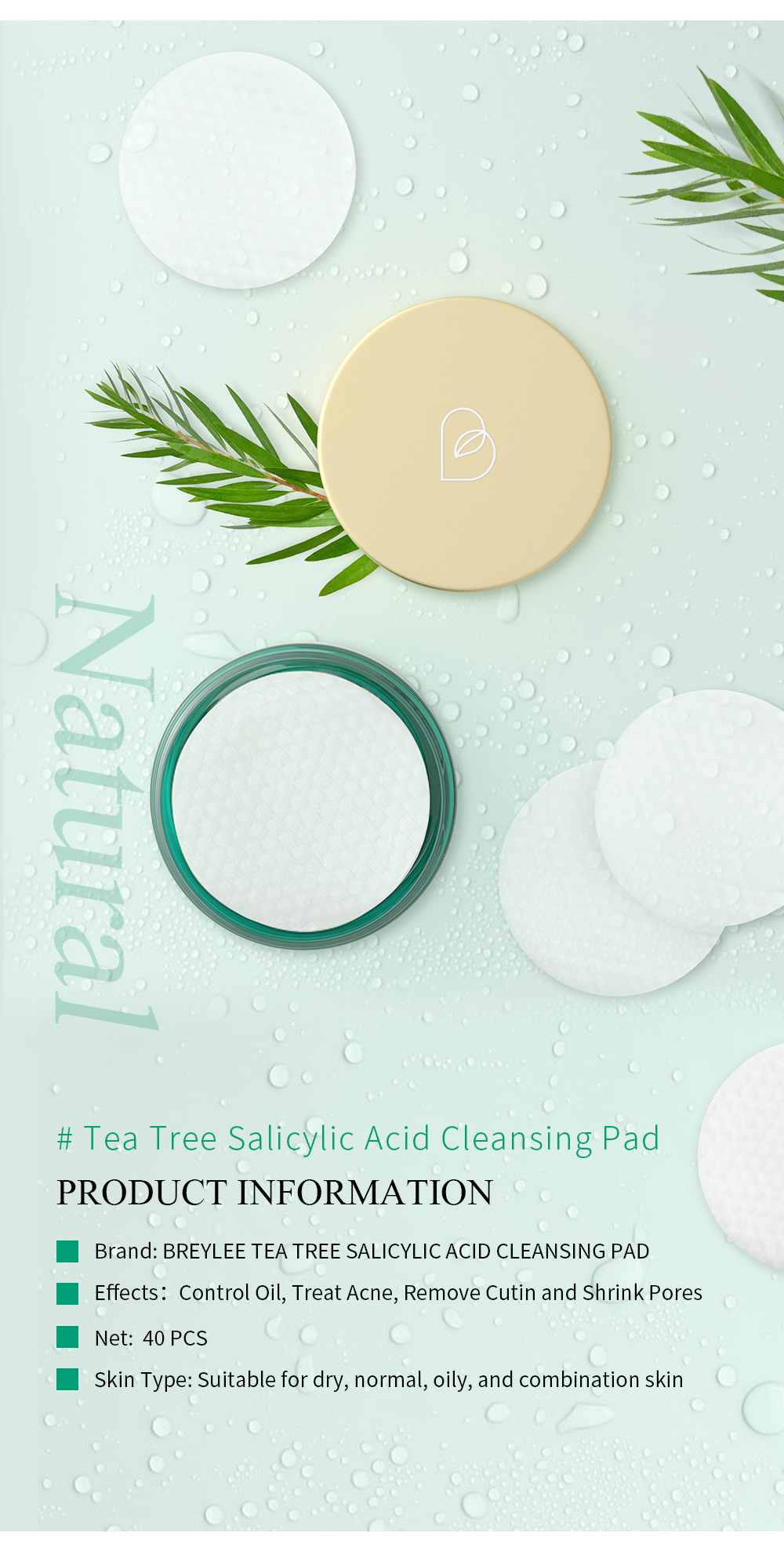 Breylee Acne Treament Tea Tree Salicylic Acid Cleaning Pads - Cleanser ...