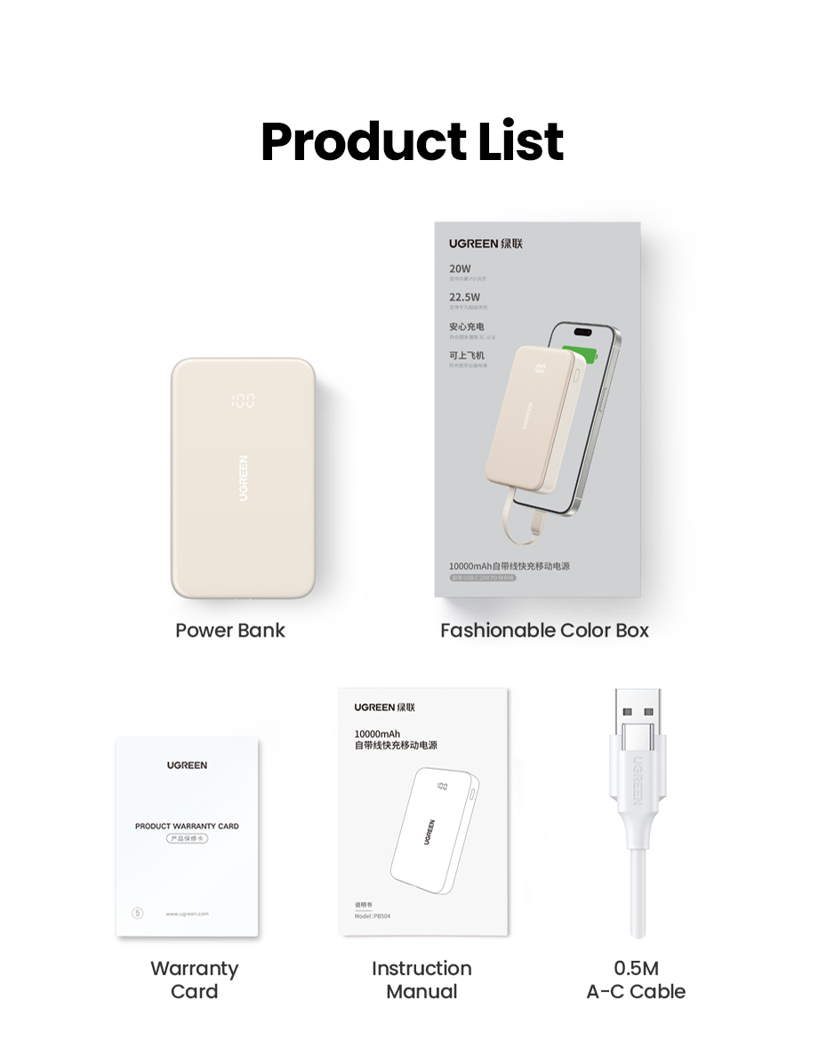 UGREEN 22.5W Power Bank 10000mAh Fast Charge Type C Cable PowerBank for ...