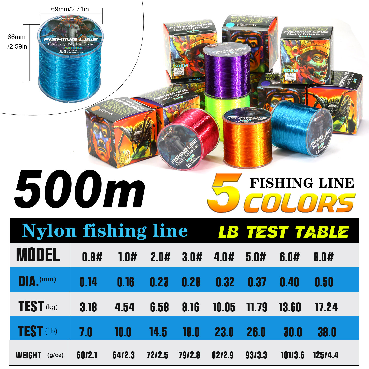 Sougayilang Super Strong Nylon Fishing Line 7-38lb 500M Monofilament ...