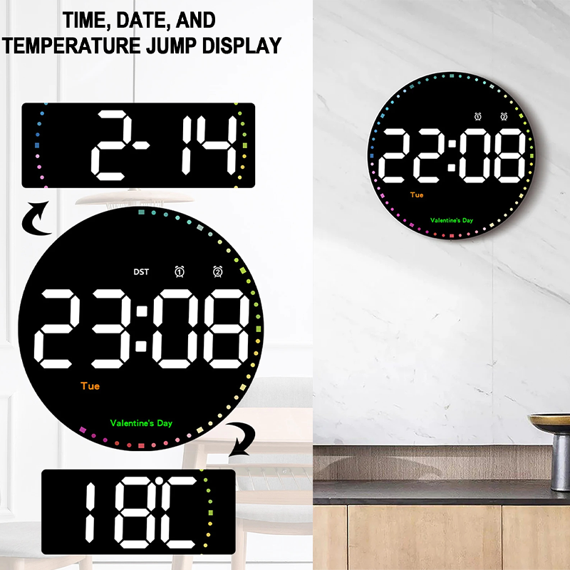 10 Inch Round Digital Wall Clock 10-Levels Brightness Colorful ...
