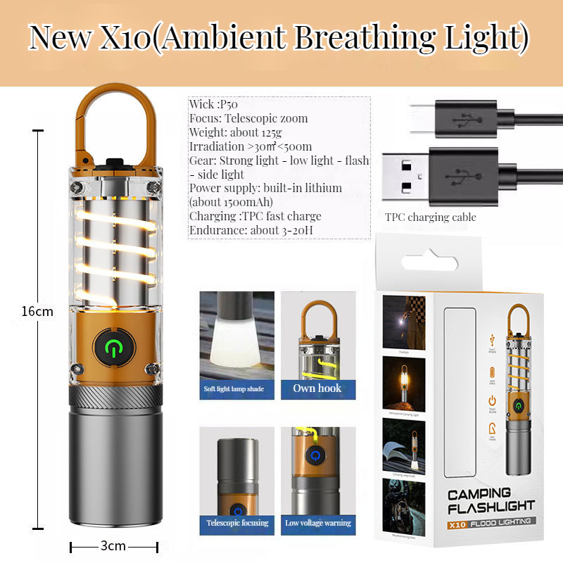 New TYPE-C rechargeable P50 flashlight multi-functional warm light side ...