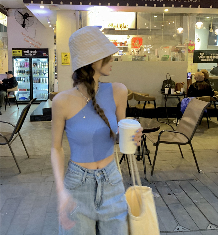 DOZW One Shoulder Cropped Tanks Top Women Summer Sleeveless Tanks Camis Sexy Oblique Collar ...