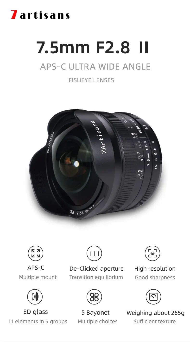 7Artisans 7.5mm F2.8 II APS-C Fisheye Lens for E/ X/ M43/ EOS-M/ R /Z Mirrorless Cameras ...