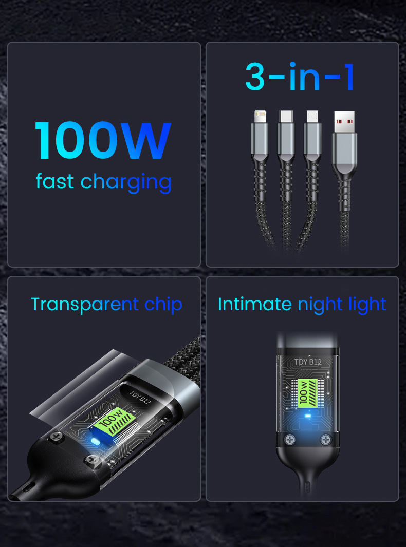 3-in-1 Charging Cable 100W Transparent Luminescent Fast Charging Data ...