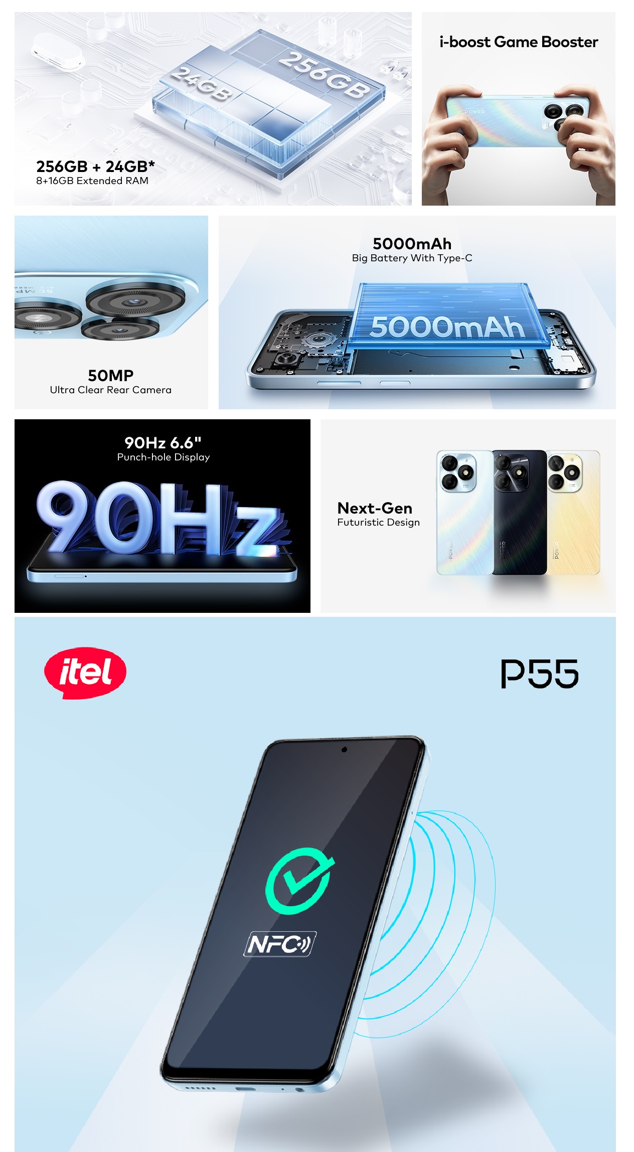 itel P55 RAM 24GB(8+16GB) + ROM 256GB | 90HZ Refresh | 50MP Dual Camera | 5000mAh 18W | NFC ...