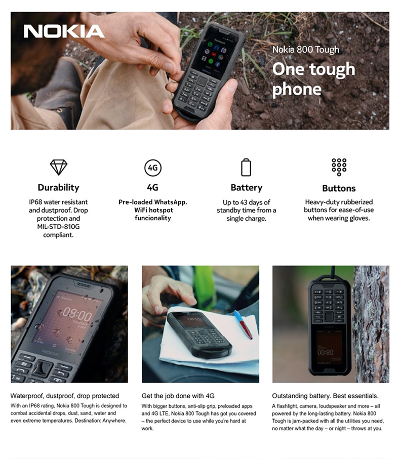 Nokia 800 Tough 4G Phone 2.4 Inches IP68 Water Resistant 43 Days ...