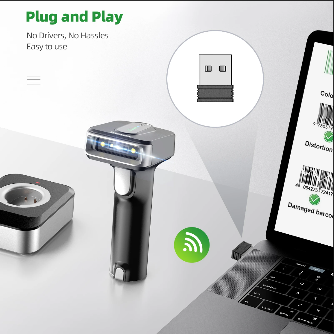 EYOYO 1D 2D Barcode Scanner 3IN1 Via Bluetooth 2.4G Wireless USB Wired ...