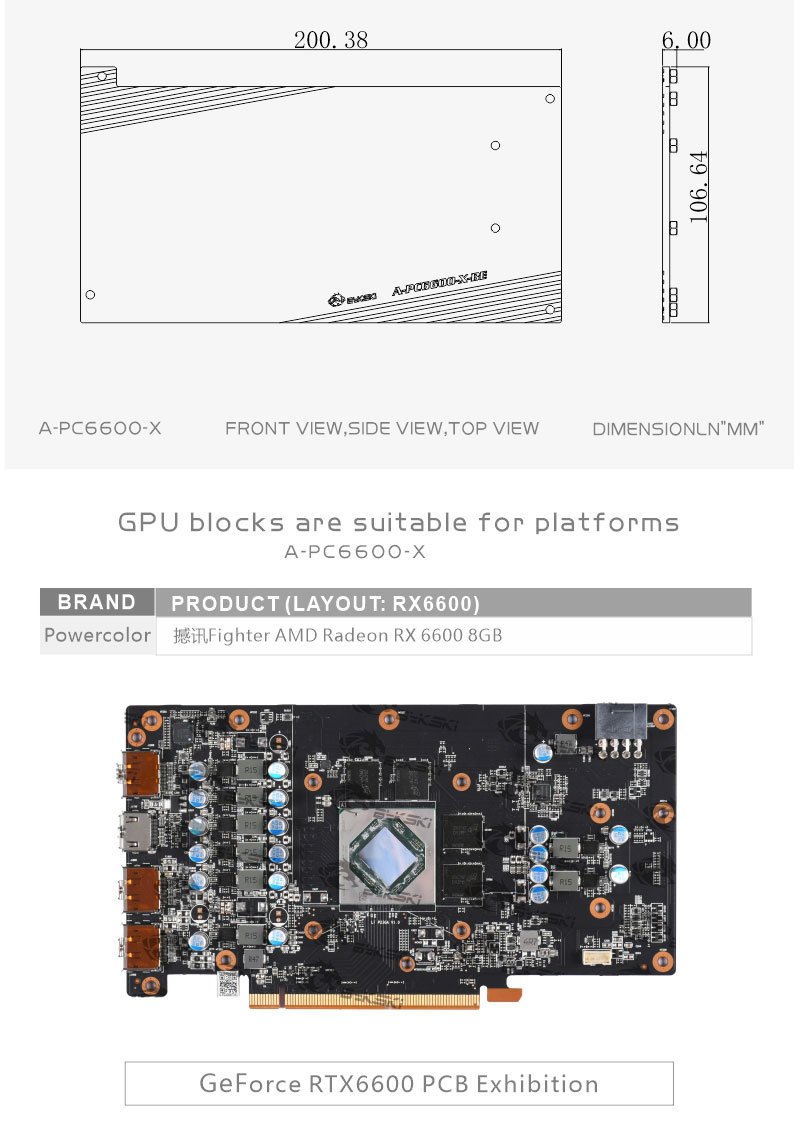 Bykski GPU Block for Powercolor Fighter AMD Radeon RX 6600 8GB Graphics ...