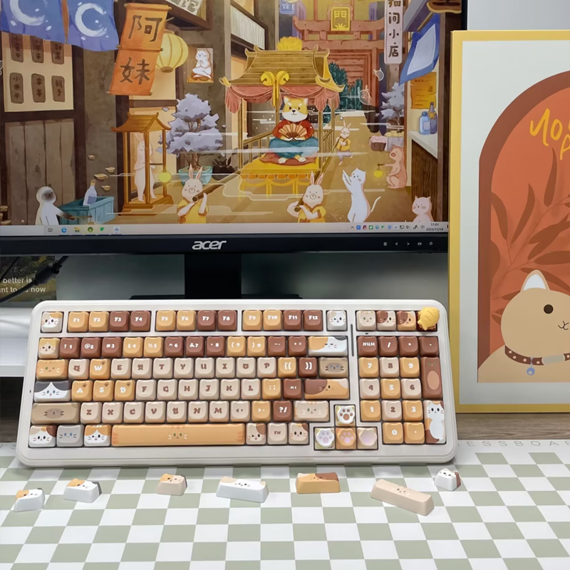 Cat Head Theme Keycaps MAO Profile Five Sides Sublimation Side Engraved ...
