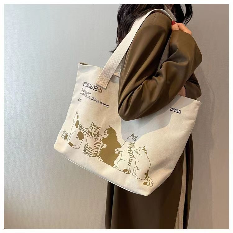 TF063 Cat Tote Bag For Women Shopping Large Shoulder Portable With Zipper Canvas Korean Style ...