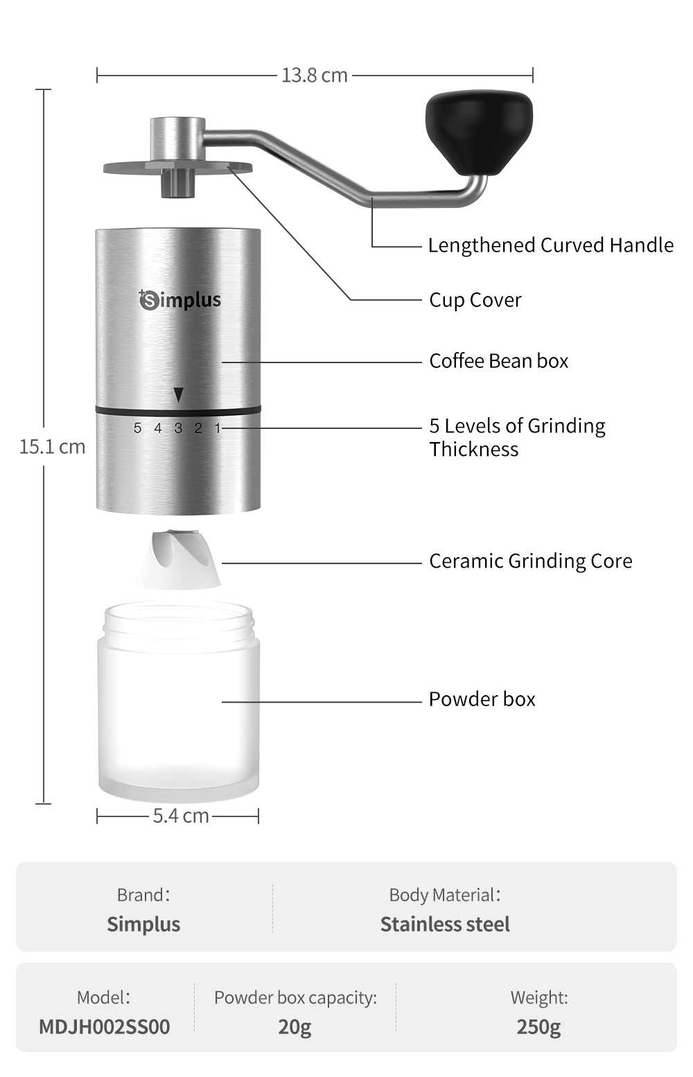 Simplus Manual Coffee Bean Grinder Stainless Steel Portable Hand ...