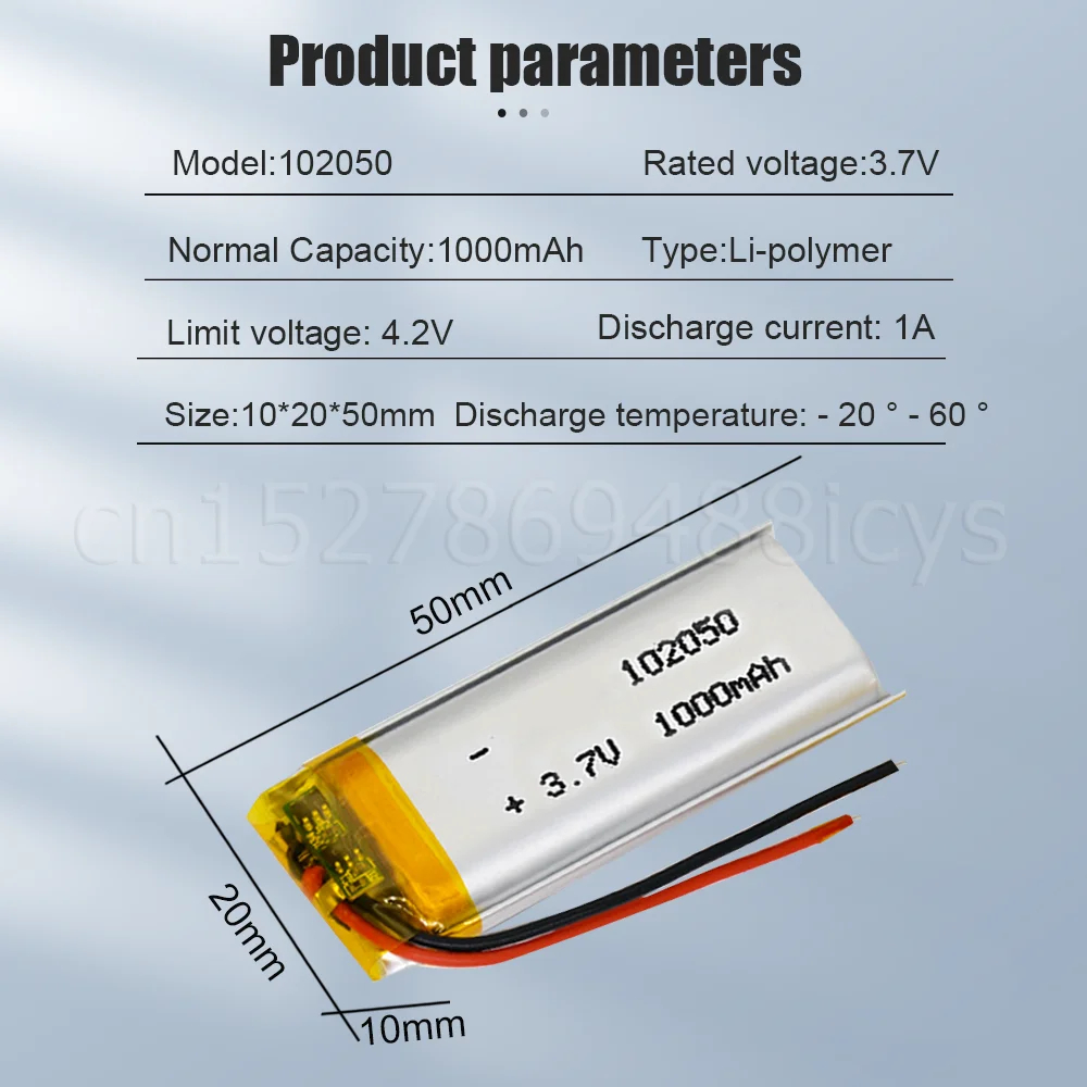 3.7V 1000mAh 102050 Lithium Polymer Rechargeable Battery For MP3 MP4 ...