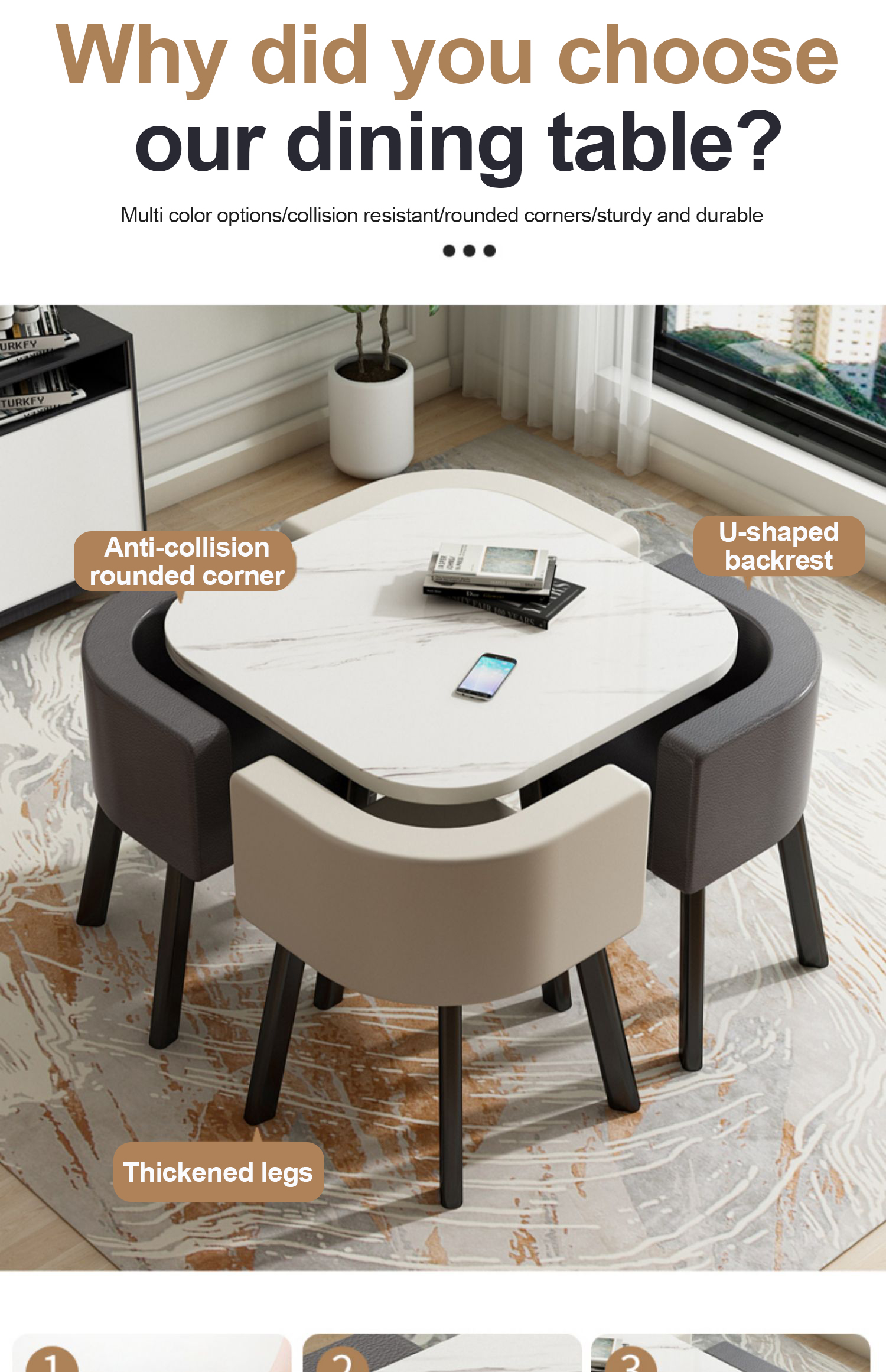 BAIERDI Family dining table 80CM + four stools square gold edge dining ...
